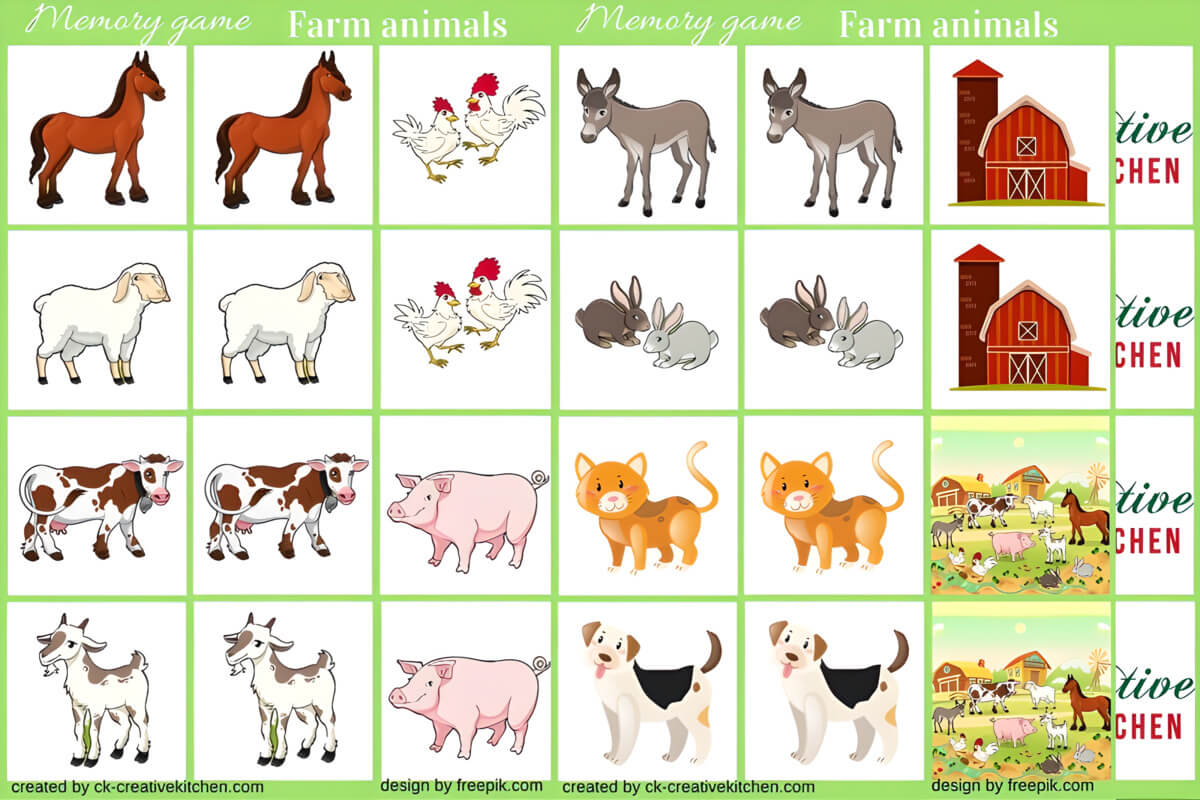 Farm Animals - Memory Game - Free Printables - Creative Kitchen