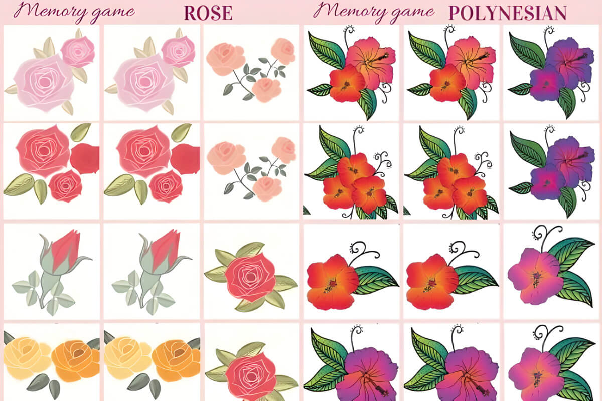 Rose And Polynesian Flower - Memory Game - Free Printables - Creative ...