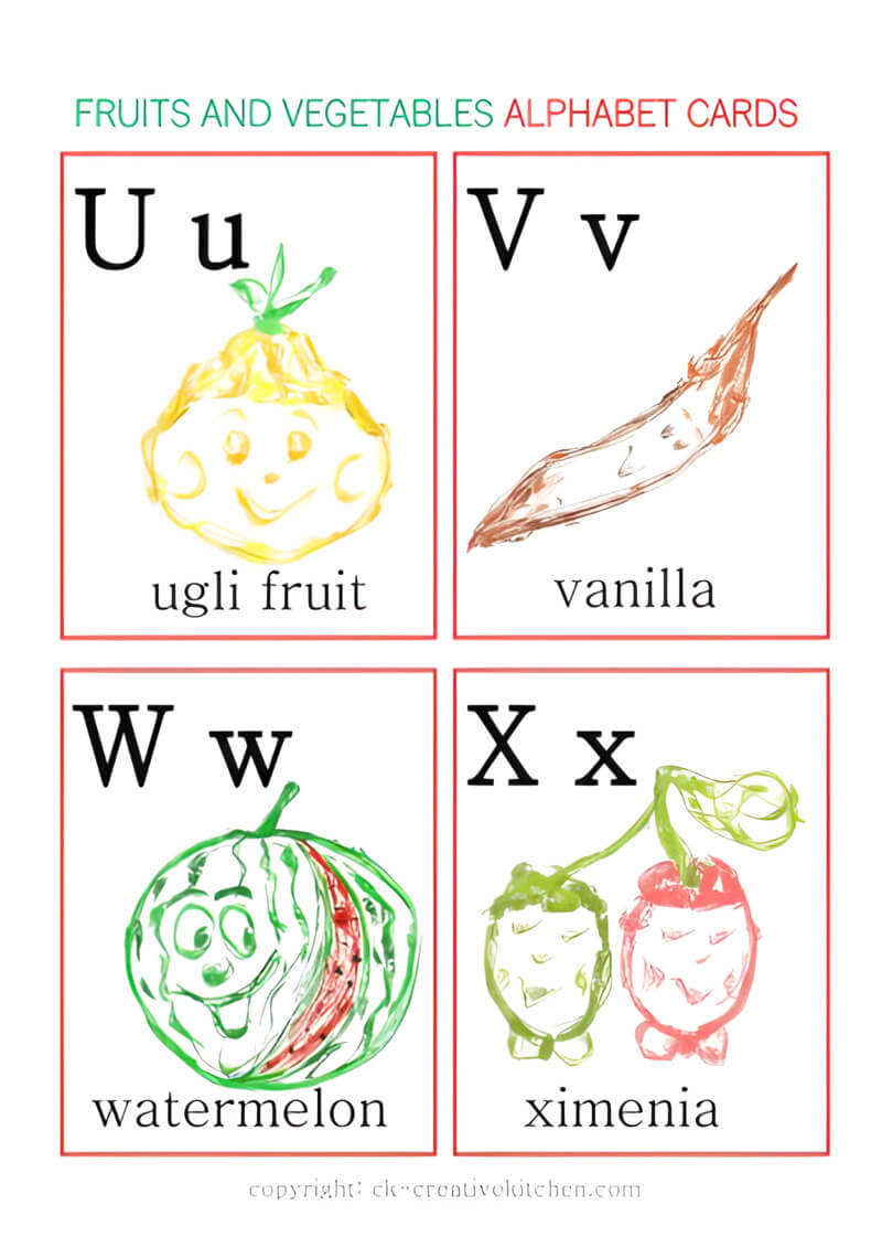 Fruits And Vegetables - Alphabet Cards - Free Printables - Creative Kitchen