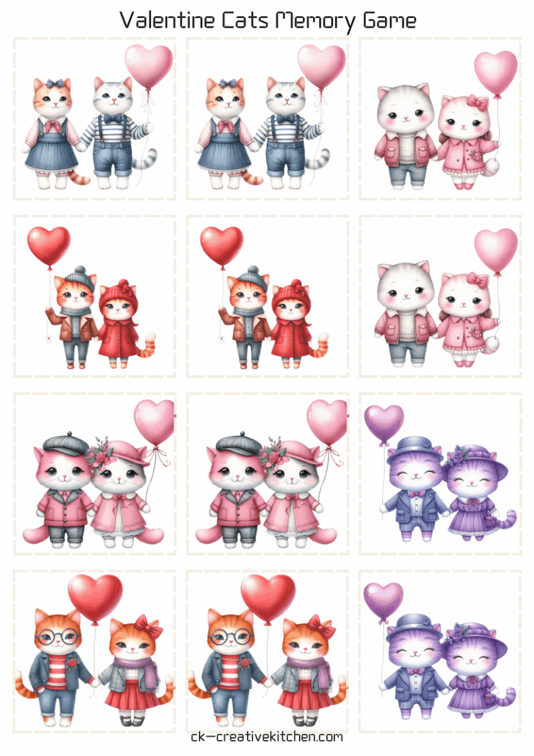 Valentine Cats - Memory Game - Free Printables - Creative Kitchen