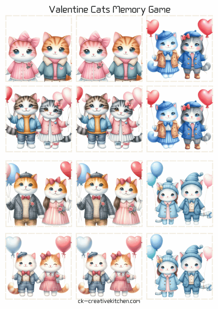 Valentine Cats - Memory Game - Free Printables - Creative Kitchen