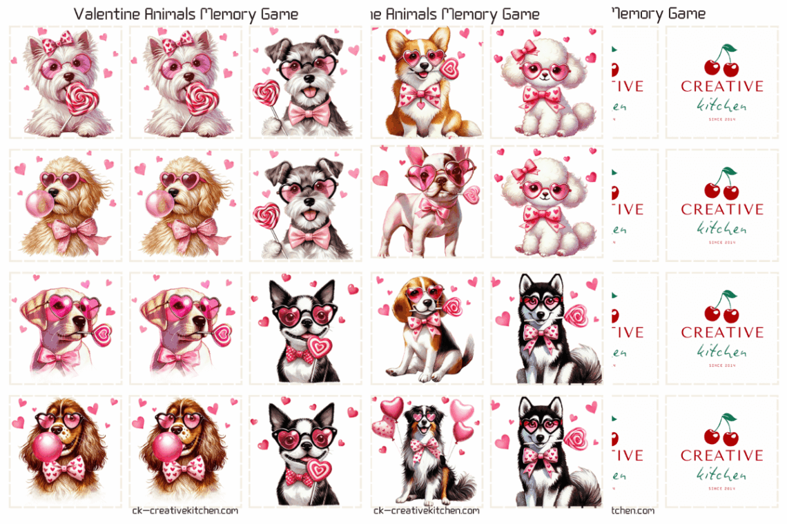 Valentine Dogs - Memory Game - Free Printables - Creative Kitchen