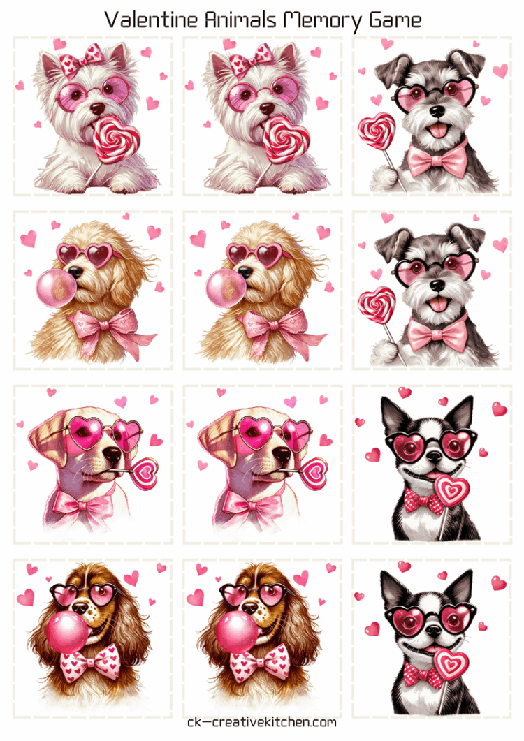 Valentine Dogs - Memory Game - Free Printables - Creative Kitchen