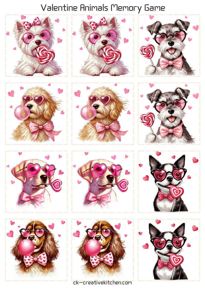 Valentine Dogs - Memory Game - Free Printables - Creative Kitchen